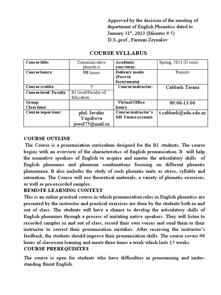 Sillabus II Term I Course | PDF | English Language | Stress (Linguistics)