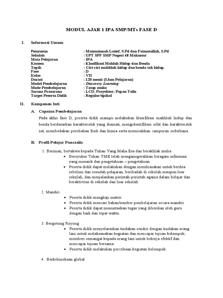 Modul Ajar IPA SMP: Discovery Learning | PDF | Karier & Perkembangan ...