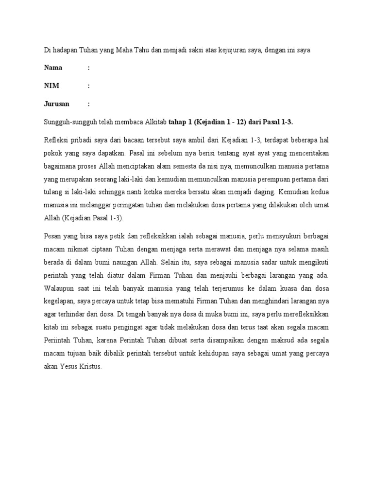 Refleksi Alkitab Tahap 1 (Kejadian Pasal 1-3) | PDF