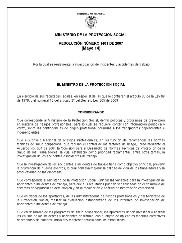 Resolucion 1401-2007 | PDF | Seguridad y salud ocupacional