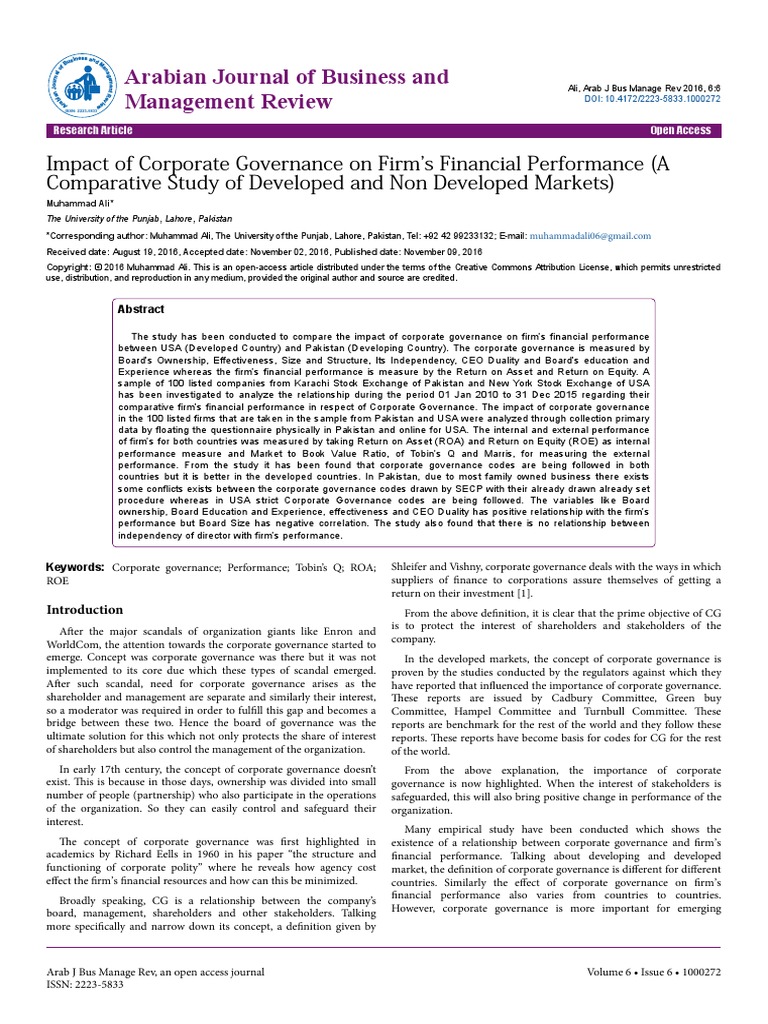 Impact of Corporate Governance On Firms Financial Performance Acomparative Study of Developed ...