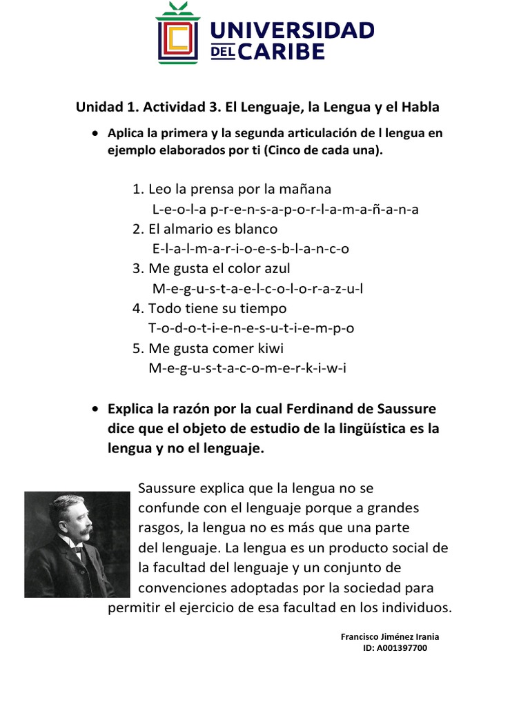 Unidad 1 Actividad 3 El Lenguaje, La Lengua y El Habla | PDF | Fonema ...