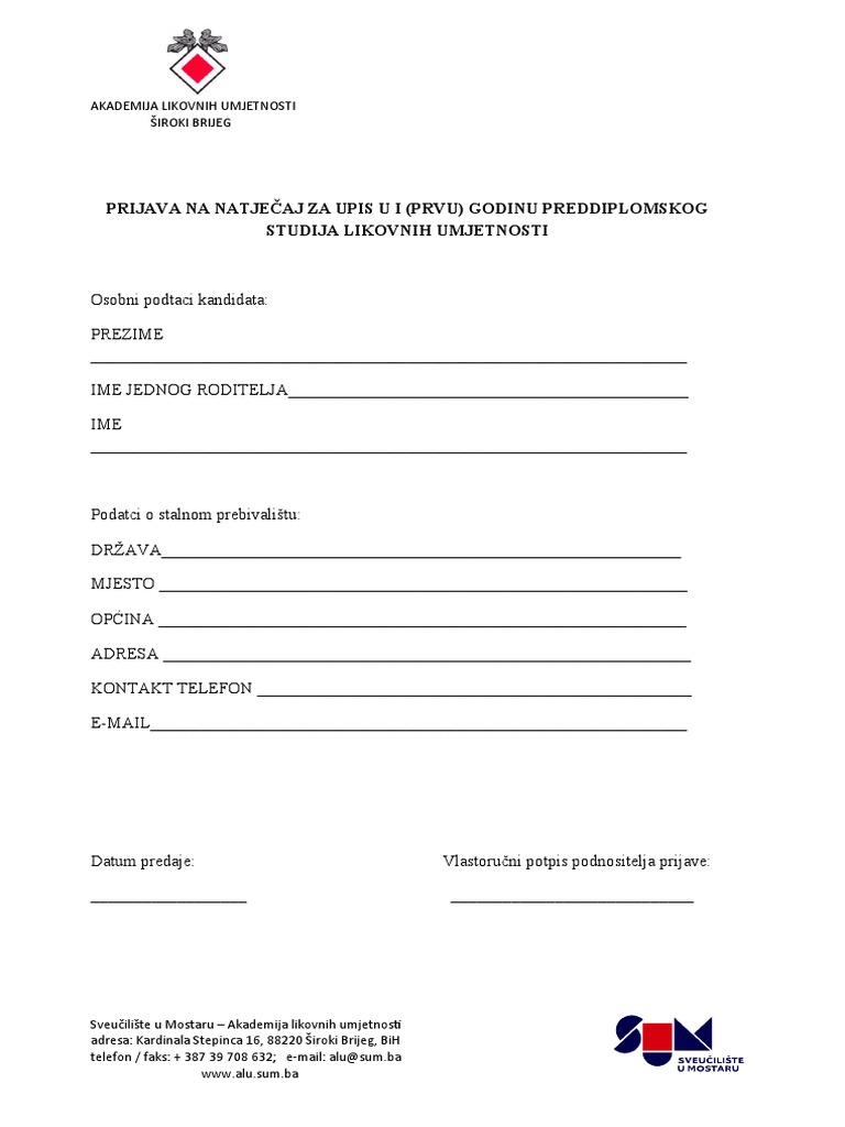 Obrazac Prijave Na Natjecaj Za Upis PREDDIPLOMSKI STUDIJ | PDF