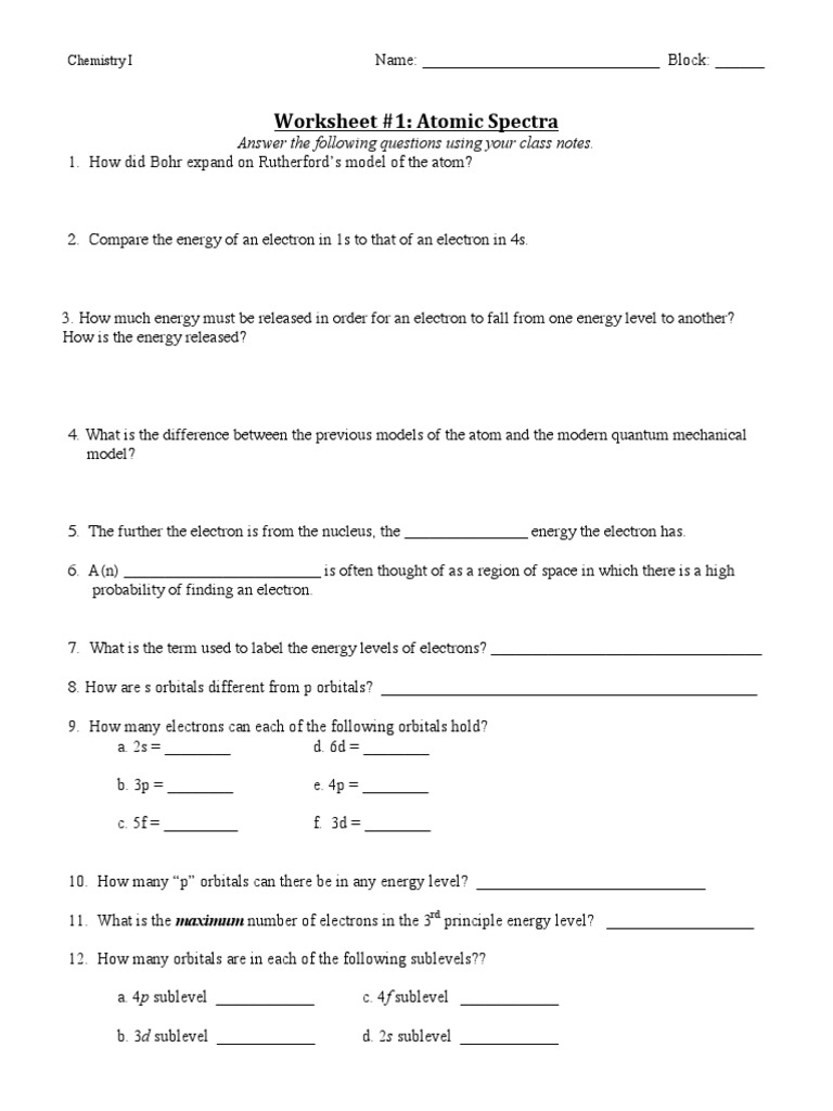Worksheet #1 - Atomic Spectra Answer The Following Questions Using Your ...