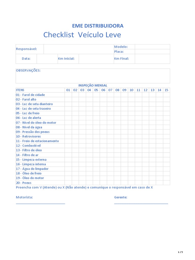 Planilha de Checklist de Veículos | PDF