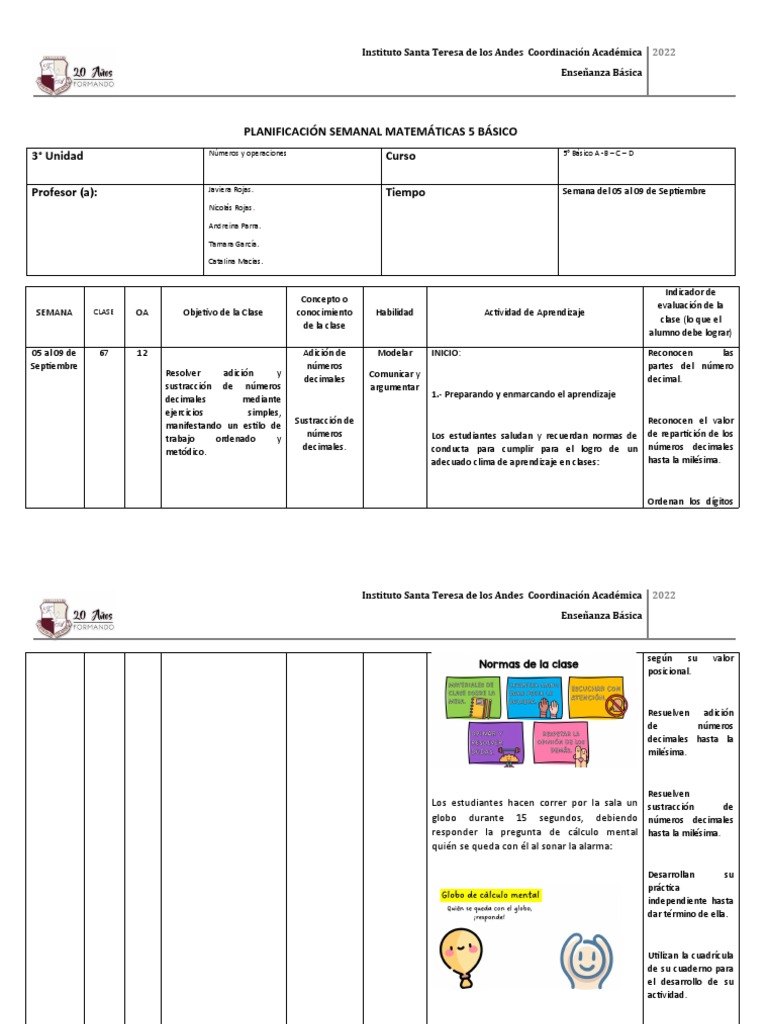 Planificación Quinto Básico | PDF | Educación primaria | Sustracción