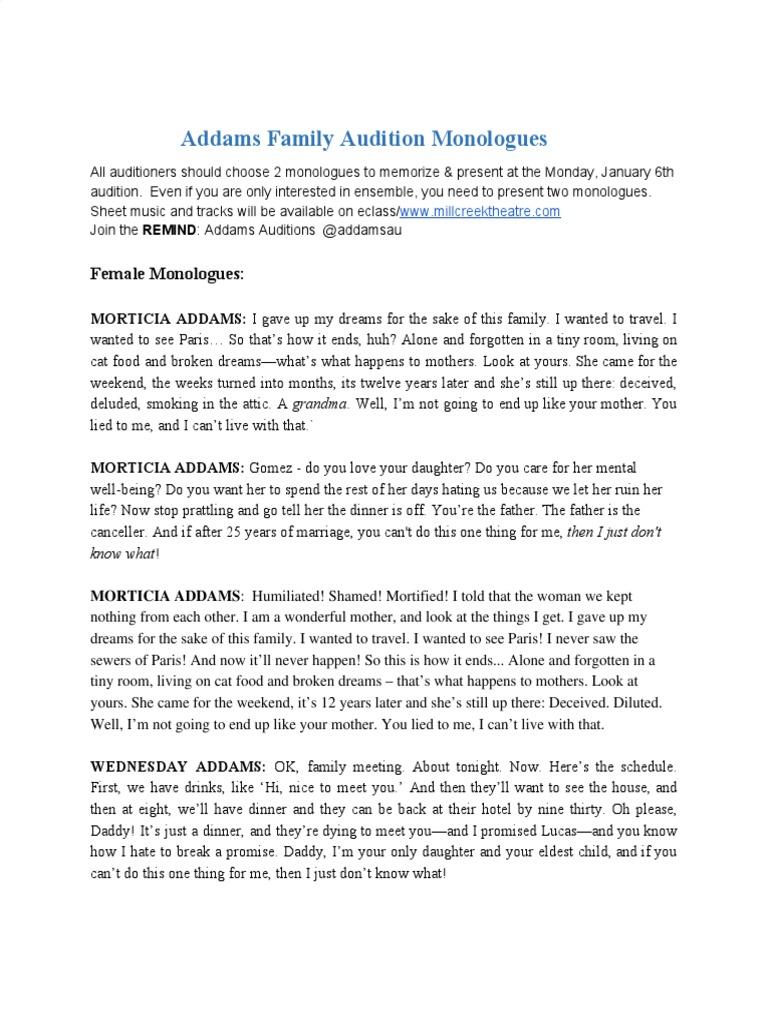 Addams Family Audition Monologues | PDF