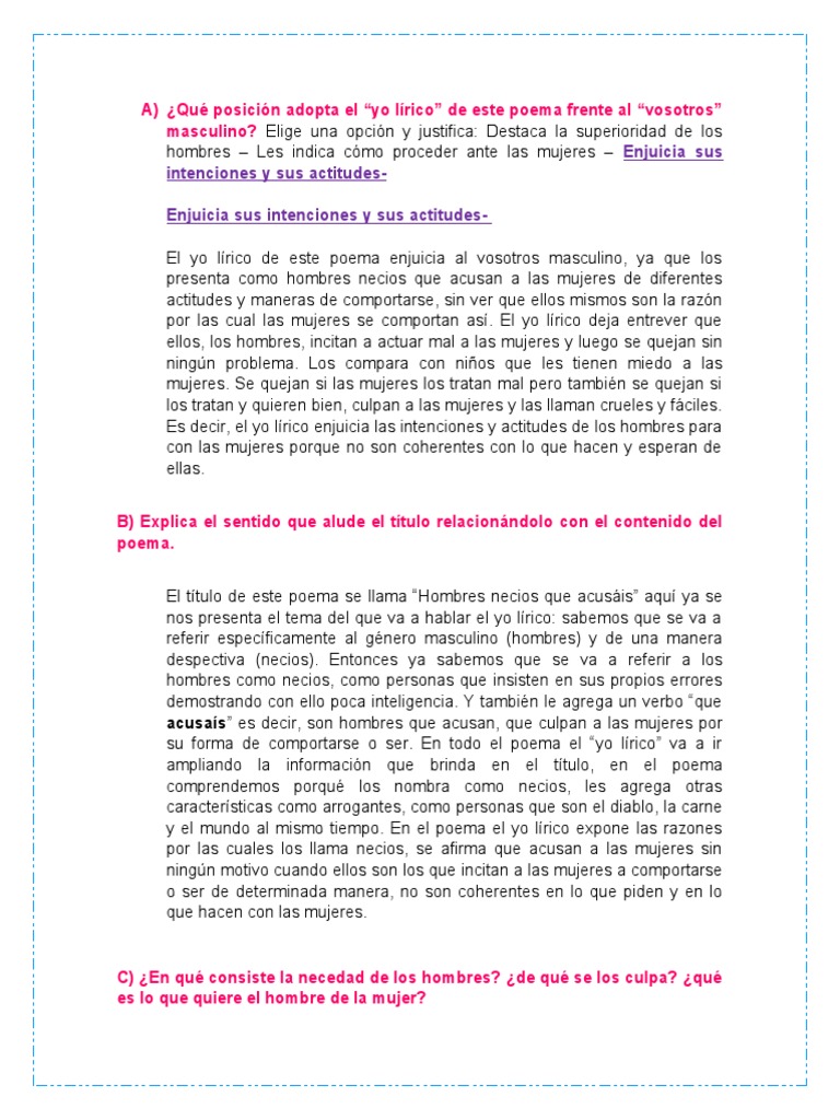 Trabajo Hombres Necios Que Acusais, Sor Juana | PDF