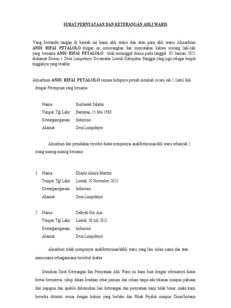 Surat Keterangan Ahli Waris Andi Rifai | PDF