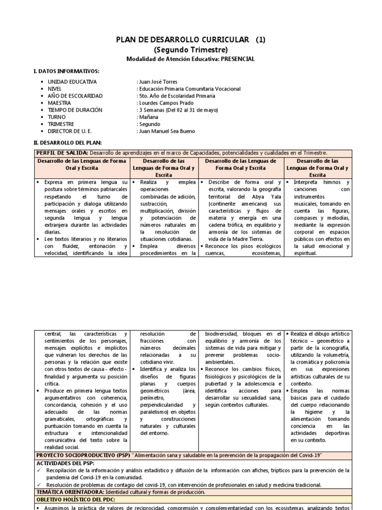 5-PDC 1-2-3.2do. Trim. 5to. AÑO 2022 | PDF | Bolivia | Educación primaria
