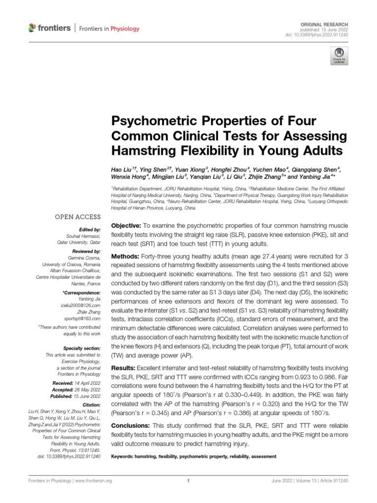 Psychometric Properties of Four Common Clinical Tests For Assessing ...