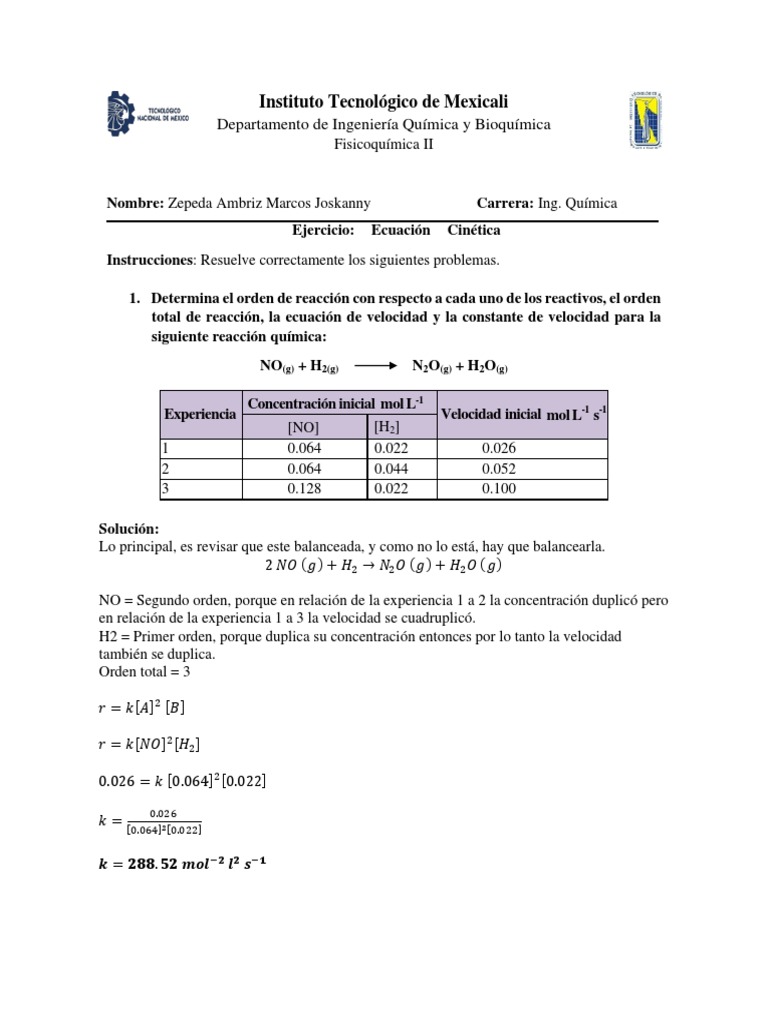 Ejercicio - Ecuacion. Fisicoquímica 2 | PDF | Cinética química | Dioxido de nitrogeno