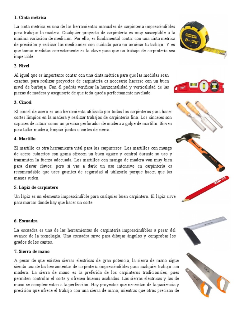 10 Herramientas de Carpintería Con Imagen y Concepto | PDF ...