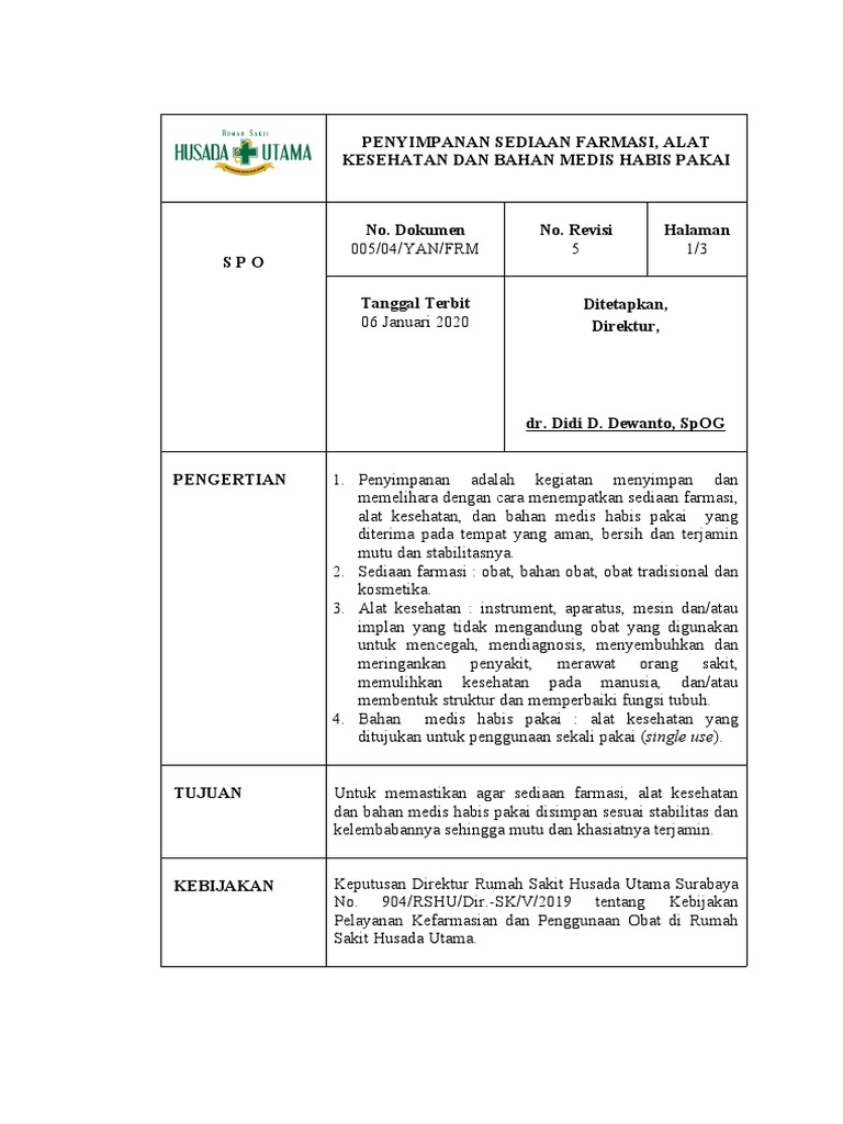 Spo Penyimpanan Sediaan Farmasi Alat Kesehatan Dan Bahan Medis Habis