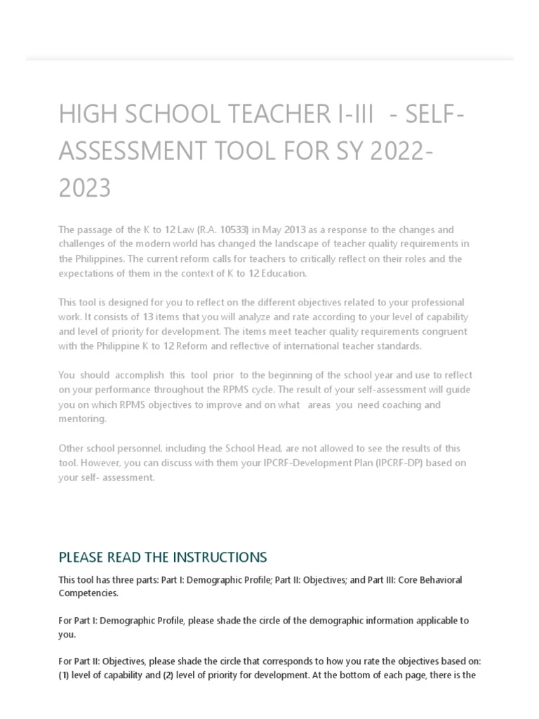 High School Teacher I-Iii - Self-Assessment Tool For Sy 2022-2023 | PDF ...