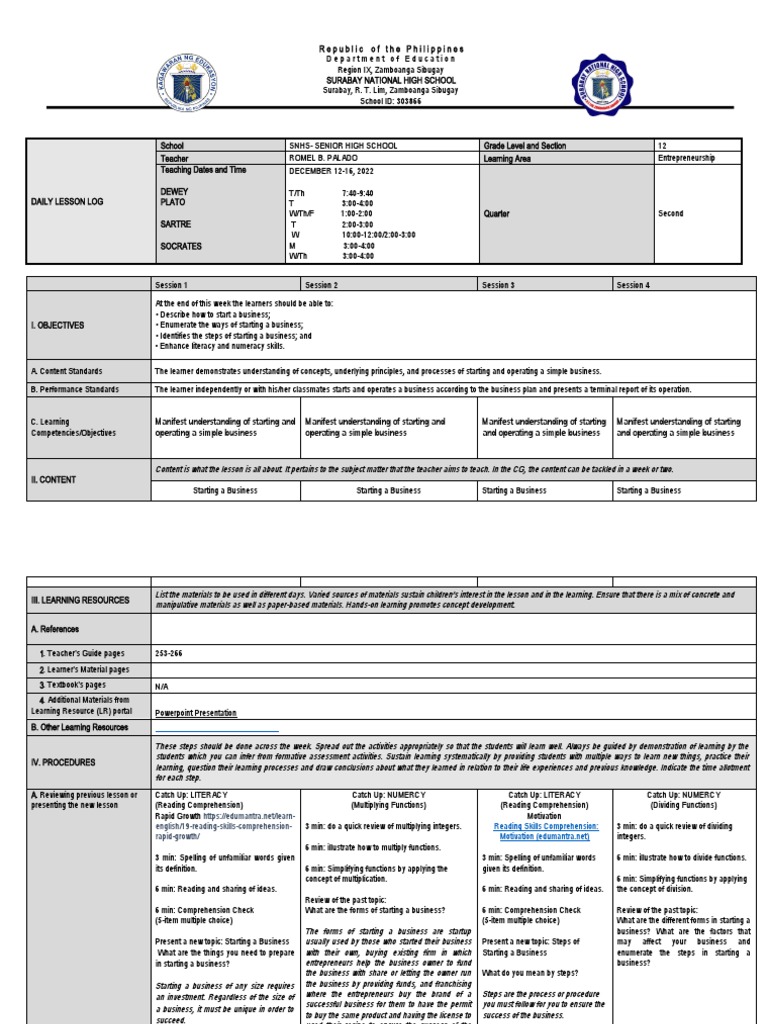 q2 Week 6 Dll-Entrep | PDF | Business | Reading Comprehension