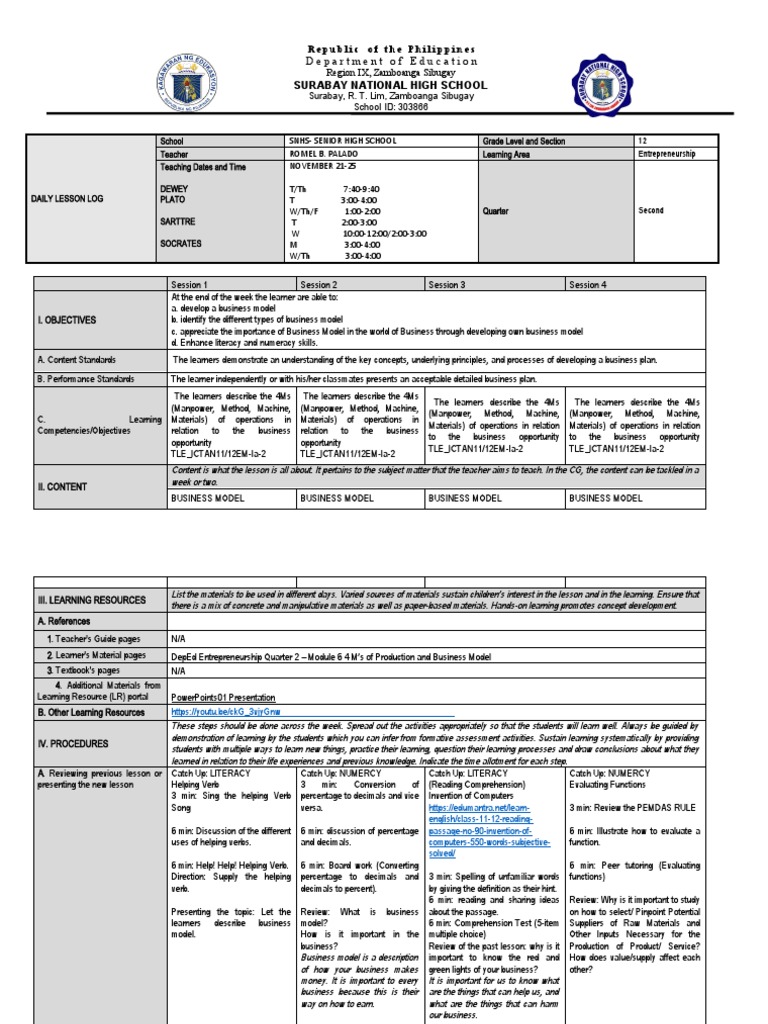 q2 Week 3 Dll-Entrep | PDF | Business Model | Marketing