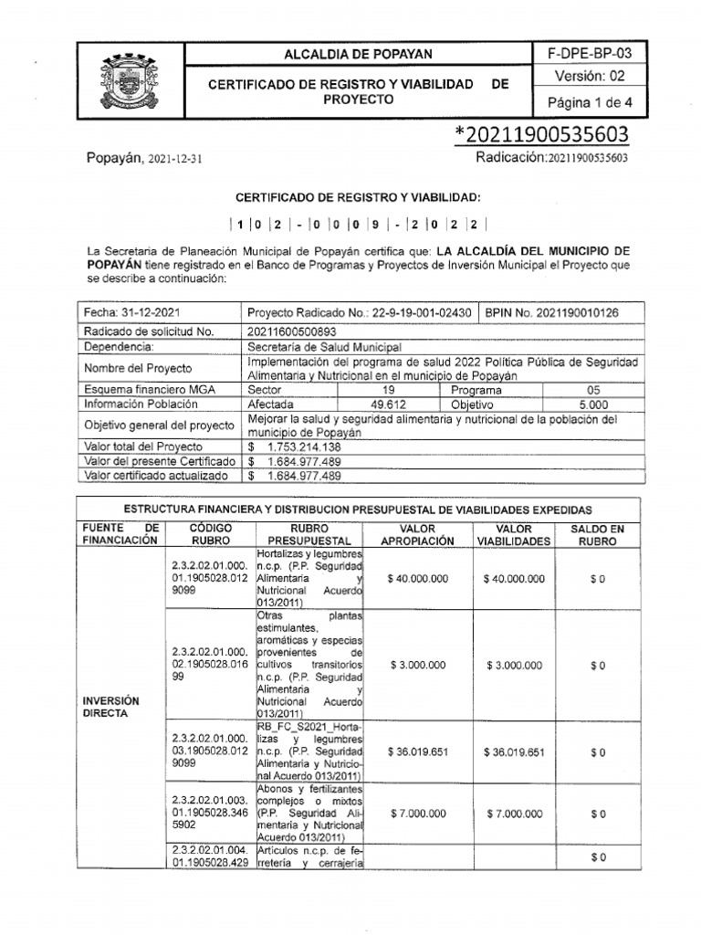 3 Certificado de Registro y Viabilidad de Proyecto (F-DPE-BP-03) (Cuando Aplique) | PDF