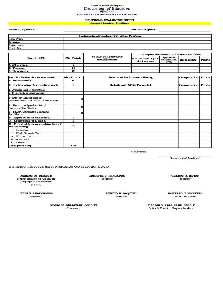 Individual Evaluation Sheet | PDF