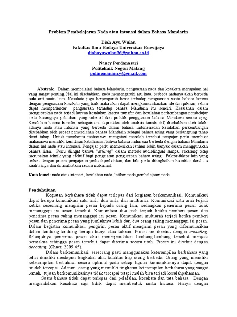 Diah Ayu Wulan - Problem Pembelajaran Nada Atau Intonasi Dalam Bahasa Mandarin | PDF | Seni ...