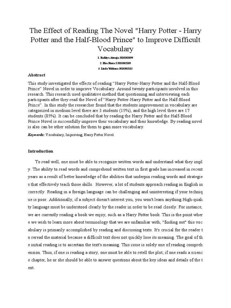 The Effect Reading The Novel '' Harry Potter-Harry Potter and The Half ...