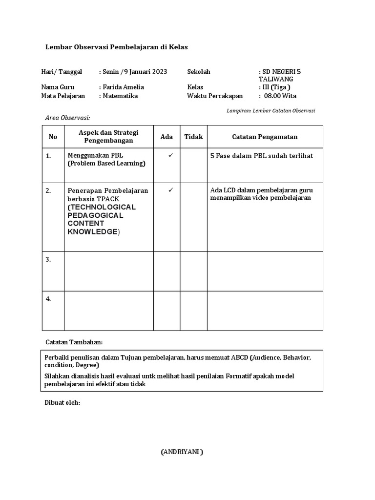2 - Lembar Observasi Pembelajaran Di Kelas | PDF