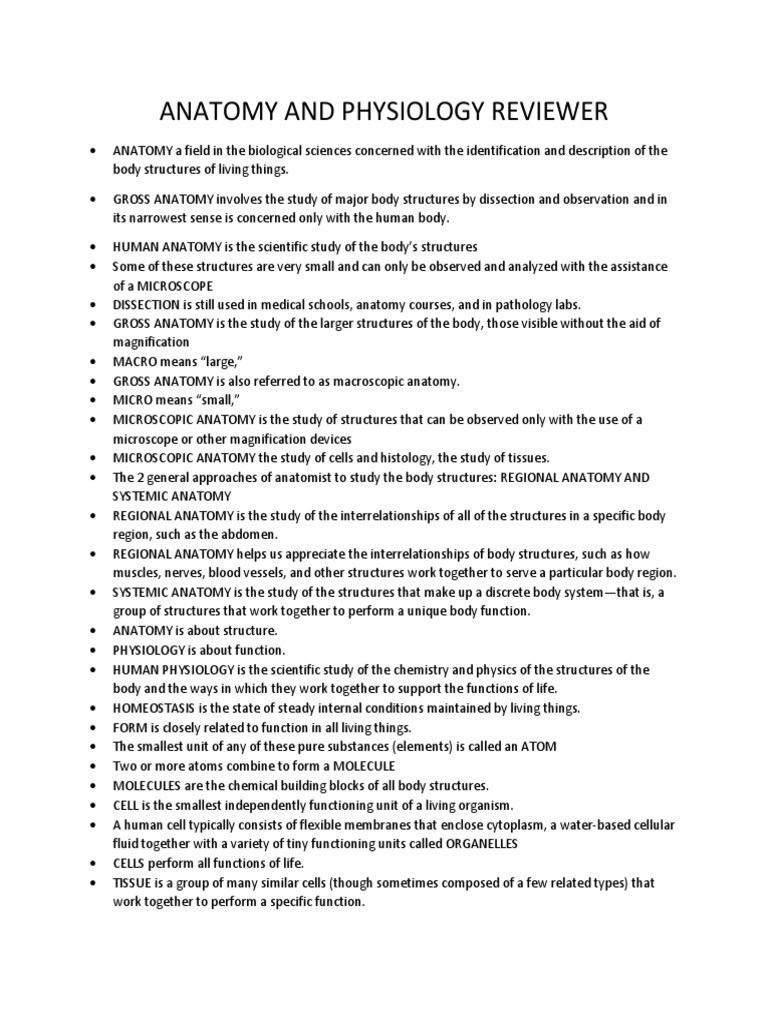 Anatomy And Physiology Reviewer PDF Anatomy Human Body