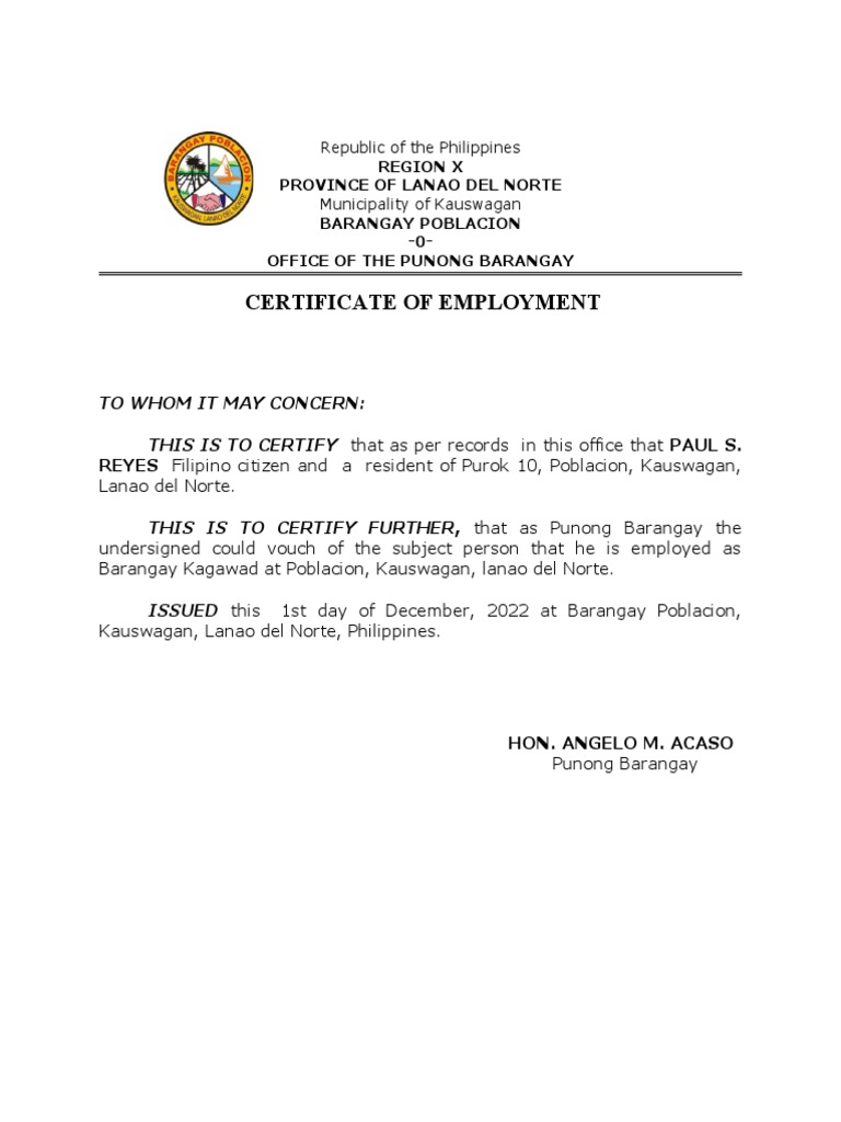 Cert of Employment | PDF