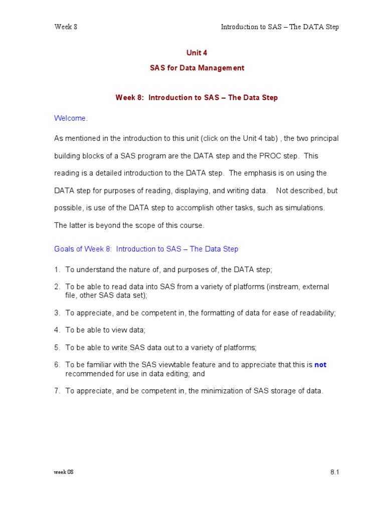 Learn Sas Within 7 Weeks Part2 Introduction To Sas The Data Step Pdf Sas Software
