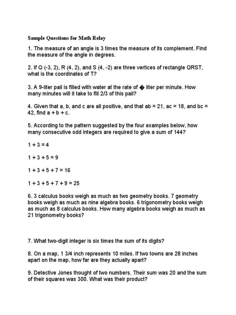 Sample Questions For Math Relay | PDF | Numbers | Pi