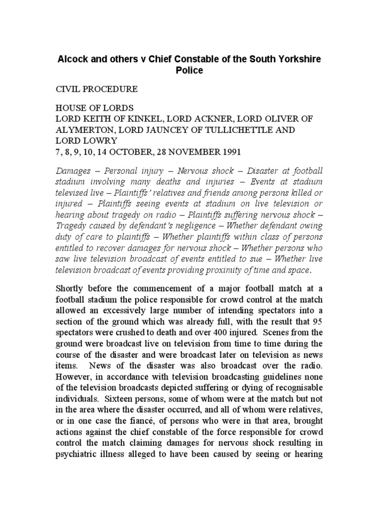 Alcock v Chief Constable: Nervous Shock Claims | PDF | Negligence ...