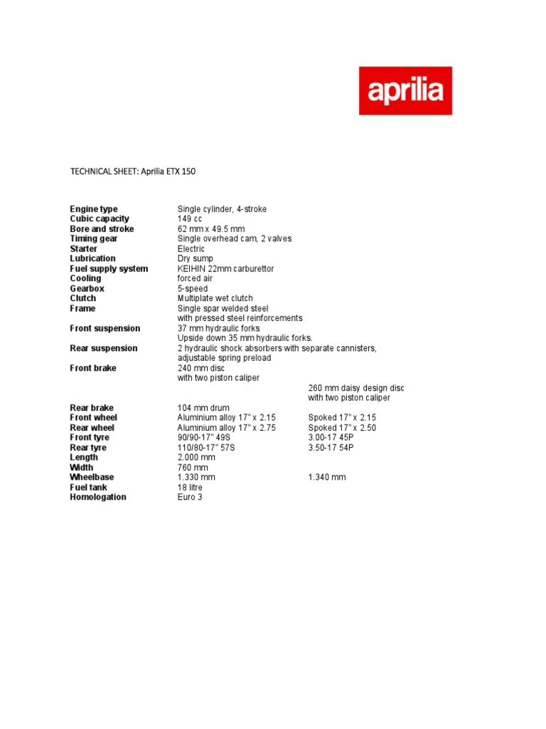 TECHNICAL SHEET Aprilia ETX 150 | PDF TECHNICAL SHEET Aprilia ETX 150 | PDF