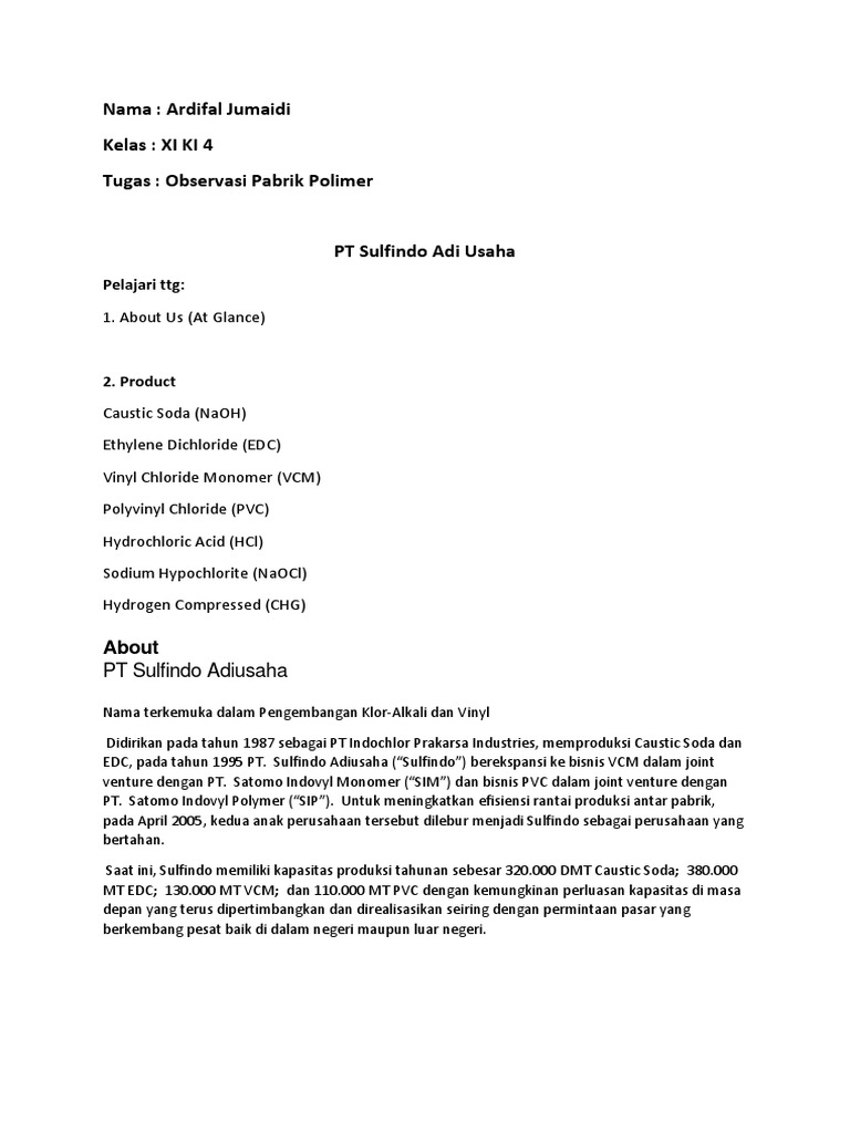 6 - Ardifal Jumaidi - Tugas 6 - Observasi Pabrik Polimer | PDF