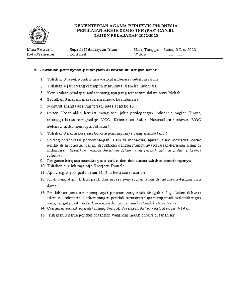 Soal PAS SKI IX TP 2022 | PDF