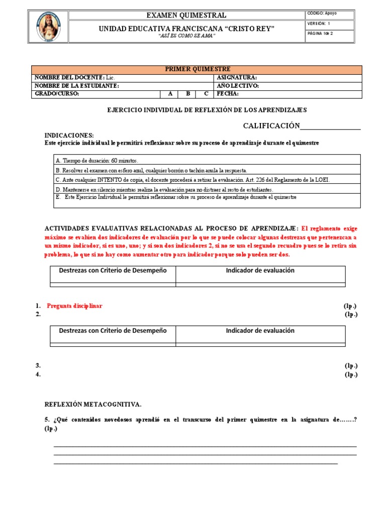 Examen Quimestral V2 | PDF | Evaluación | Aprendizaje