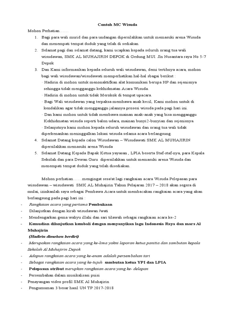 Teks MC Wisuda SMK Al Muhajirin | PDF