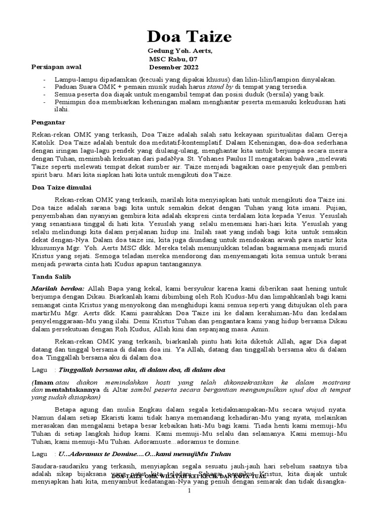 Doa Taize Rabu, 07 Desember 2022 | PDF | Memasak, Makanan, & Anggur
