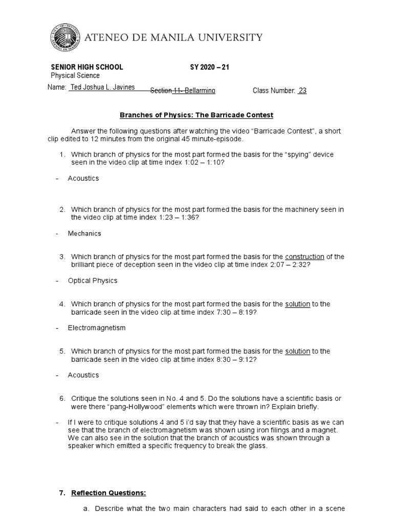 Ted Joshua Javines - Worksheet 6 Branches of Physics | PDF | Physics ...