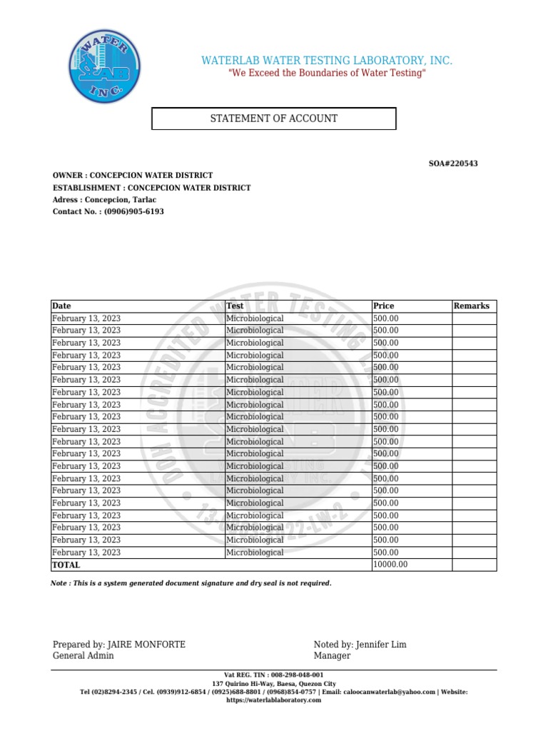 Waterlab Water Testing Laboratory, Inc.: Statement of Account | PDF
