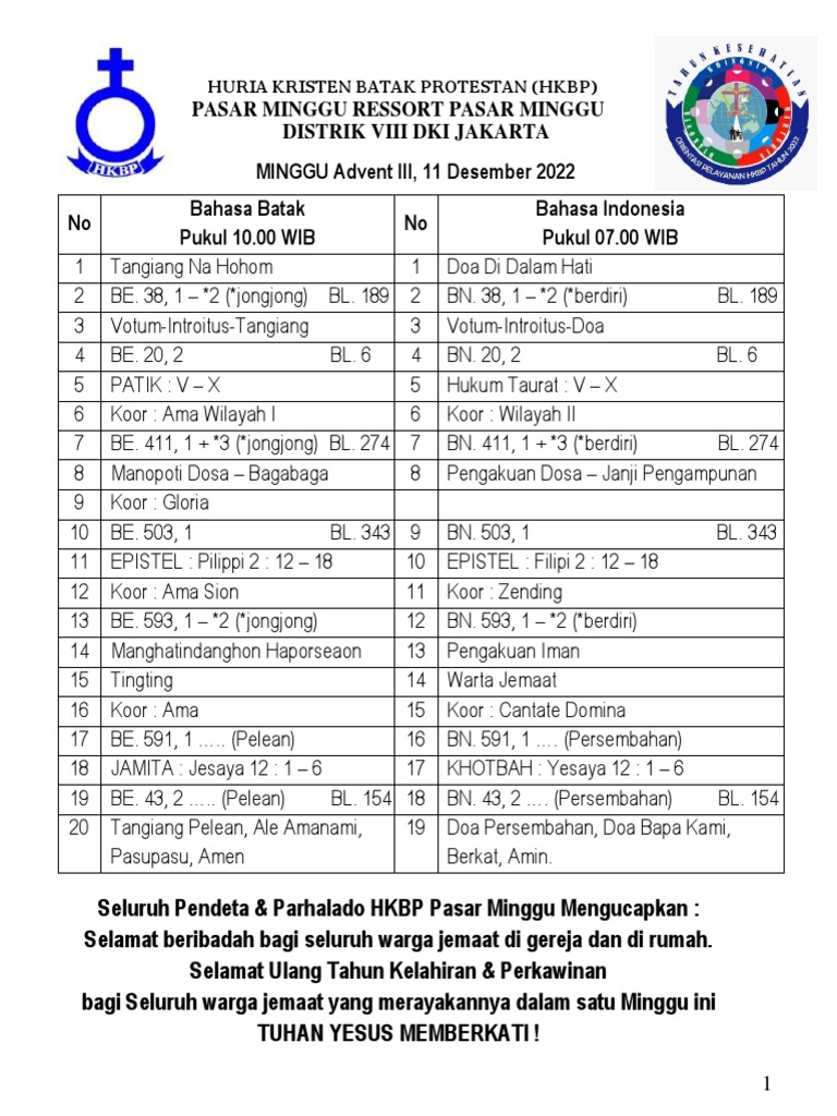 Jadwal Ibadah HKBP Pasar Minggu | PDF