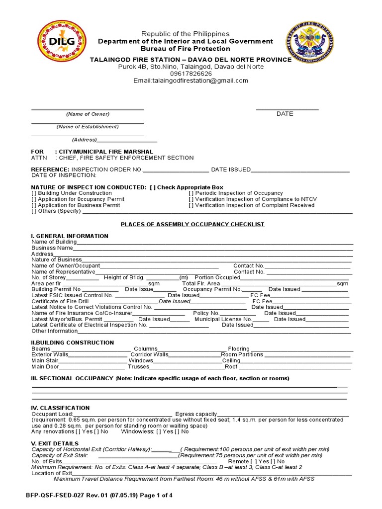 FSED 27F Places of Assembly Occupancy Checklist Rev01 | PDF | Door ...