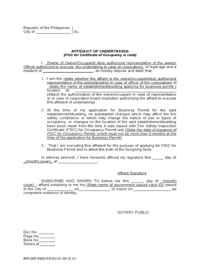 FSED 28F Affidavit of Undertaking (FSIC For Certificate of Occupancy ...