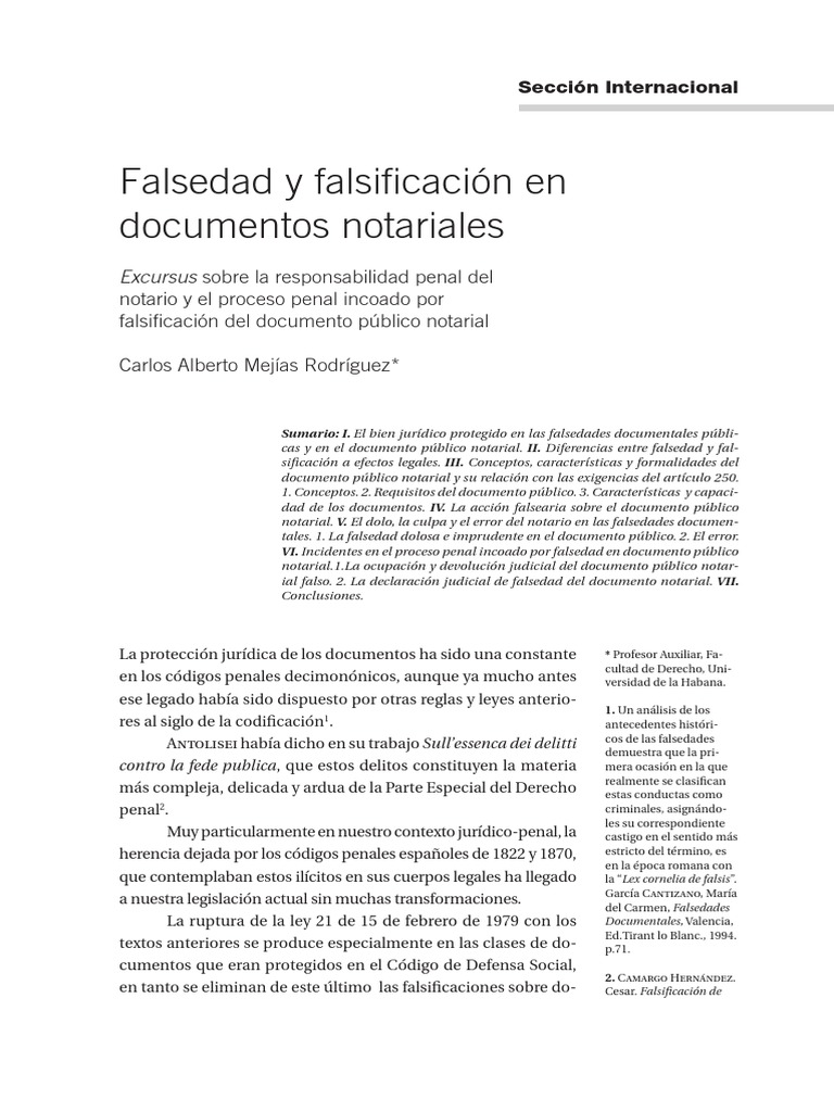 Falsedad y Falsificación en Documentos Notariales: Excursus Sobre La ...