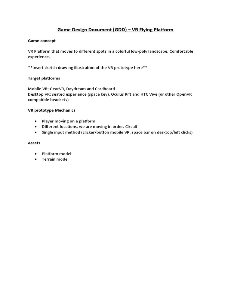 VR Flying Platform GDD - Colorful Low-Poly Landscape Experience | PDF