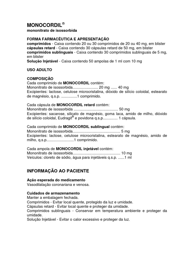 Monocordil: Informação Ao Paciente | PDF | Angina Pectoris | Infarto do ...