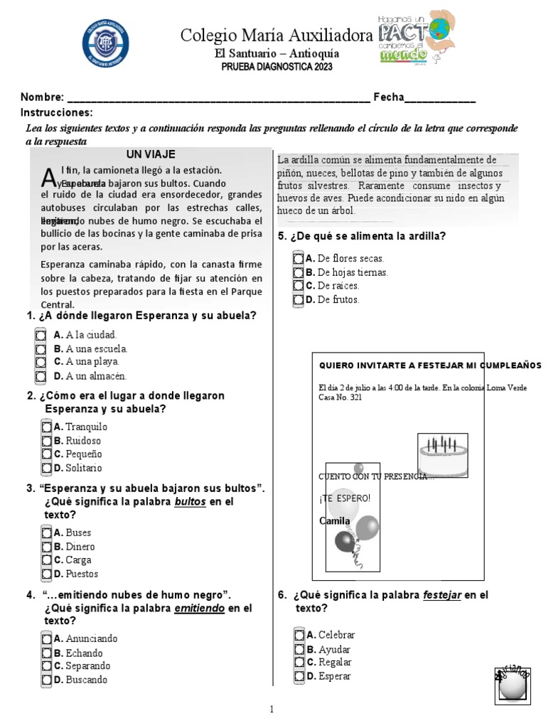 Prueba Diagnóstica 4º Español | PDF