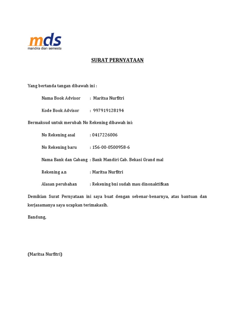 Contoh Surat Pernyataan Perubahan Nomor Rekening | PDF