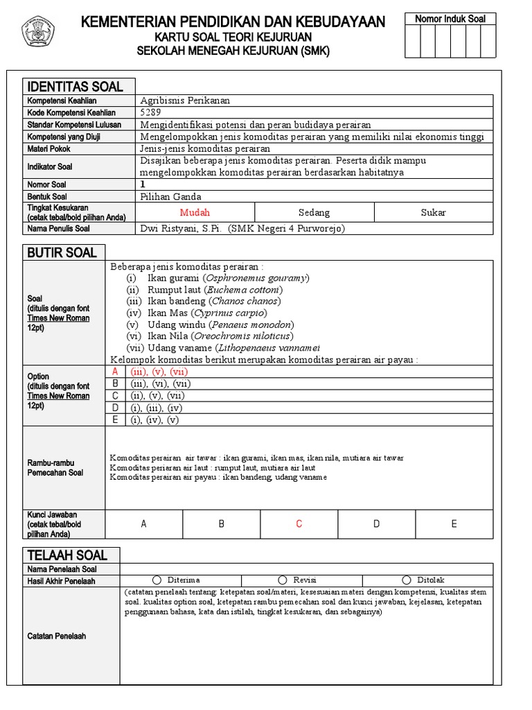 Kartu Soal Teori Kejuruan Agribisnis Perikanan 5289 - Paket 2 | PDF