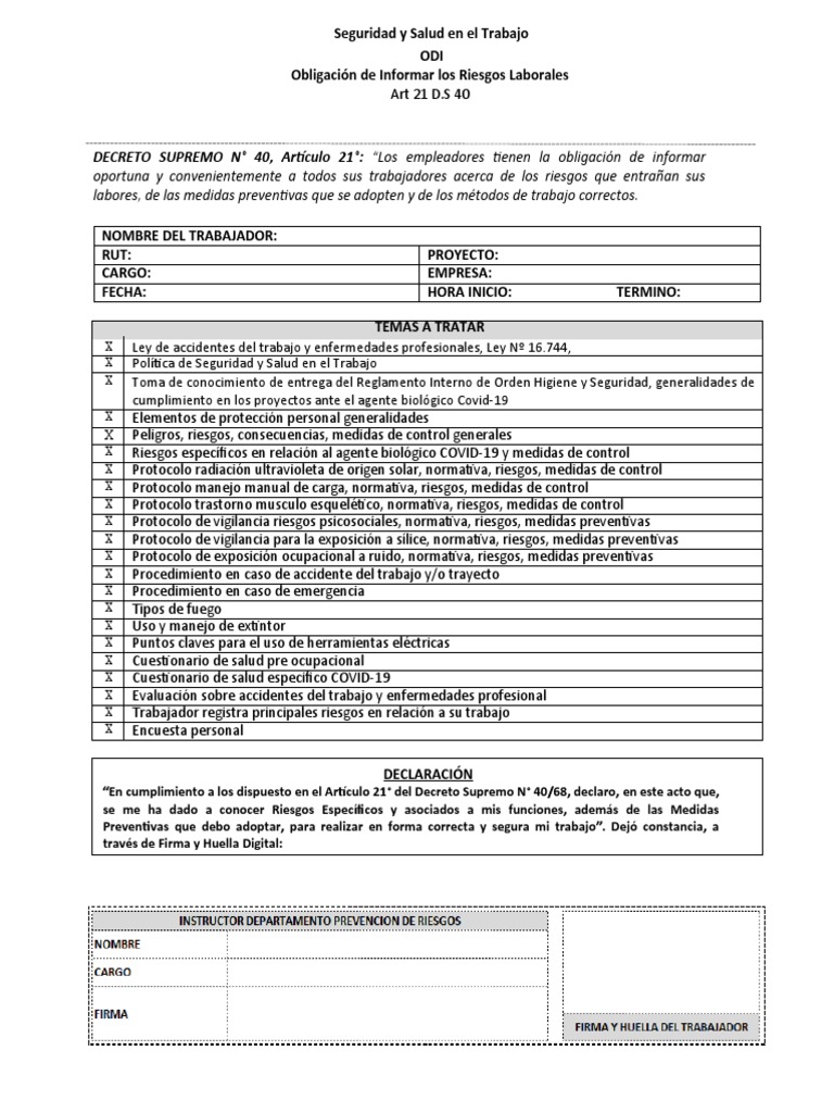 Odi General Incluye Covid-19 | PDF | Seguridad y salud ocupacional | Seguro