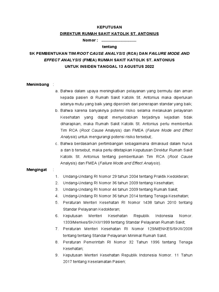 Pembentukan Tim RCA & FMEA RS St. Antonius | PDF